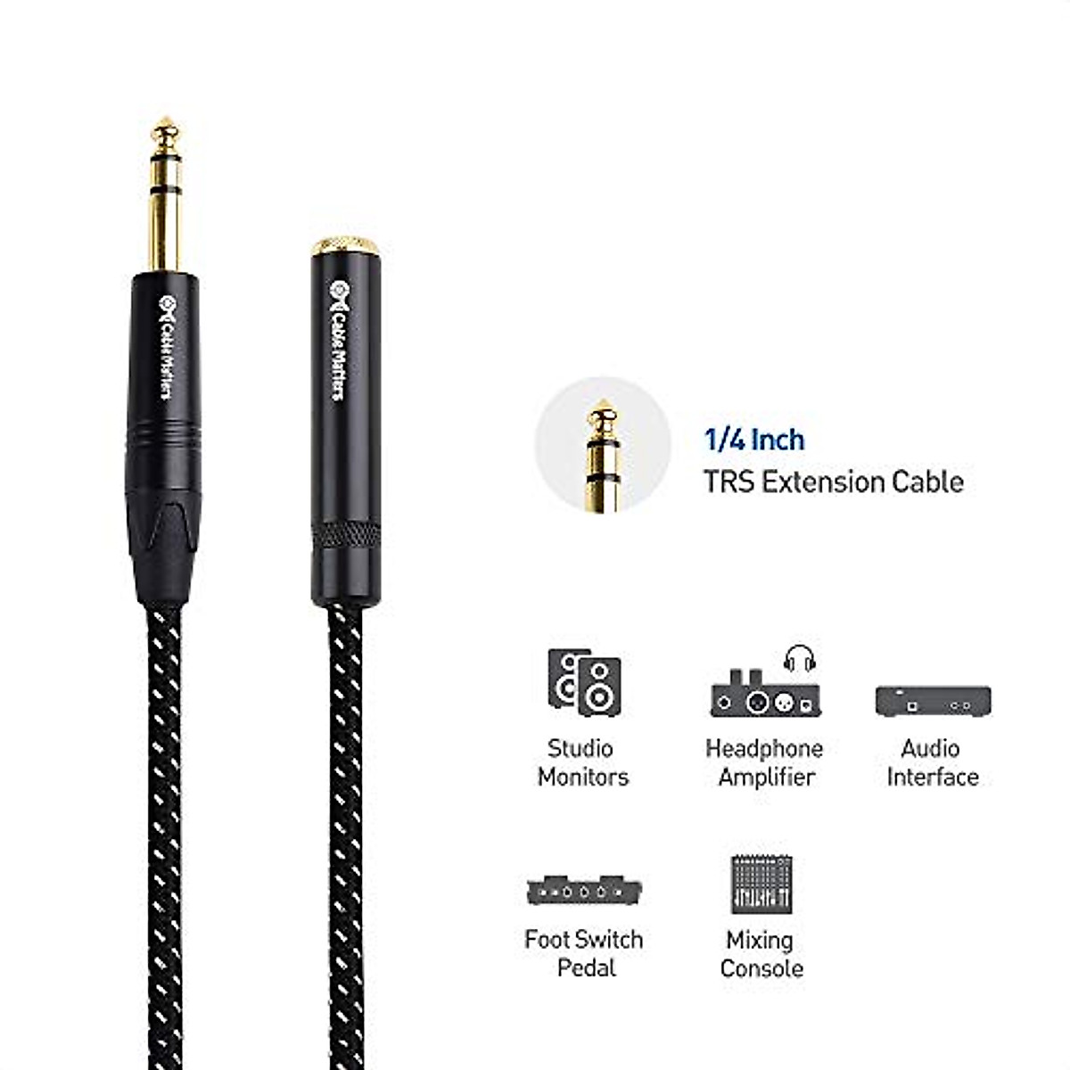 Cable Matters Braided 1/4 Inch Extension Cable 6 ft (1/4 TRS to 1/4 Inch Male to Female Cable)