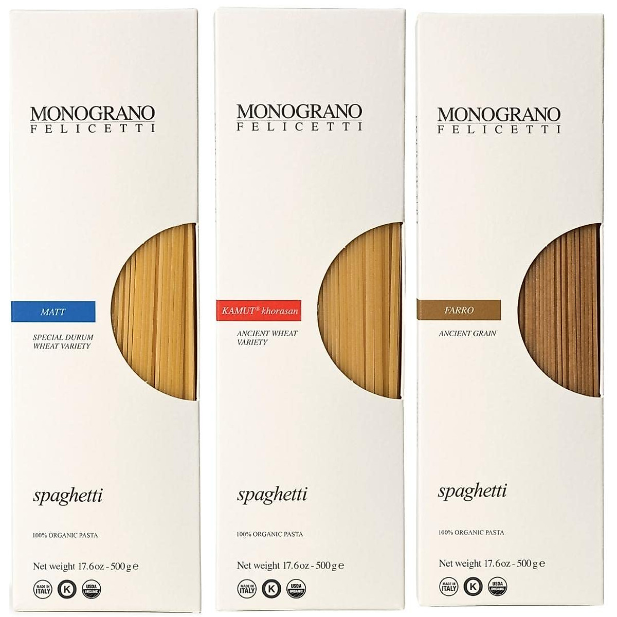 Monograno Felicetti Spaghetti Pasta Italian Organic Non-GMO Bundle | Kamut, Farro and Matt | 17.6oz (500g) each, 3 Pack