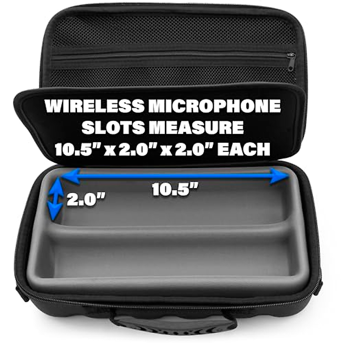 CASEMATIX Wireless Microphone Case Compatible with Two Wireless Mic System Microphones Up To 10.5" by Sennheiser, Shure and More - Sleek Mic Case For Travel with Lid Storage for Singing or Karaoke
