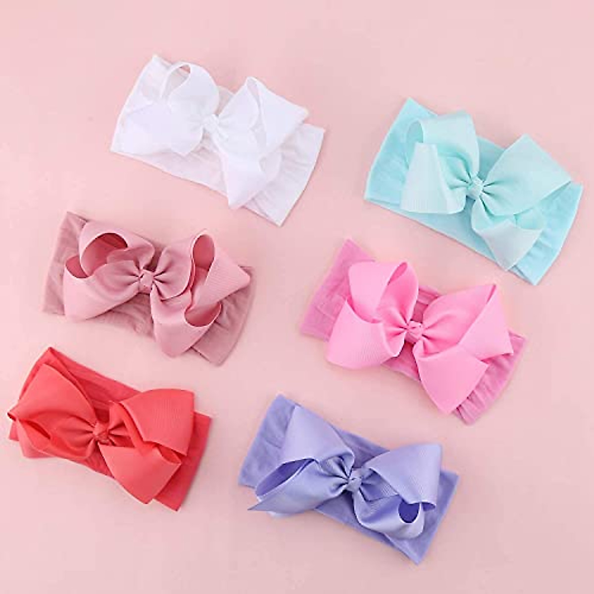 Makone 6PCS Nylon Headbands for Baby Girl, Handmade Hairbands with Bows Stretchy 5.5 inch Hair Bow for Kids Toddlers Infants Newborn