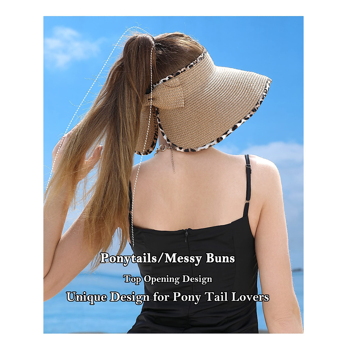 Womens Beach Straw Sun Hats Ponytail Hole Wide Brim Summer Visor Foldable Hat Sun Protection Packable for Travel Pool(One Size,Khaki with Leopard)