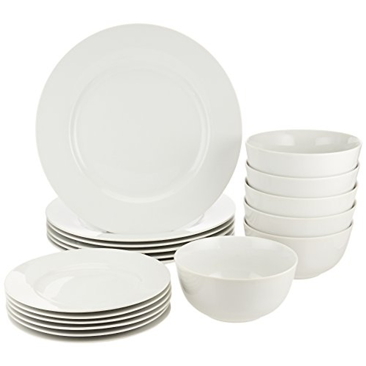 Amazon Basics 18-Piece Kitchen Dinnerware Set, Plates, Dishes, Bowls, Service for 6 - White & 20-Piece Stainless Steel Flatware Set with Square Edge, Service for 4