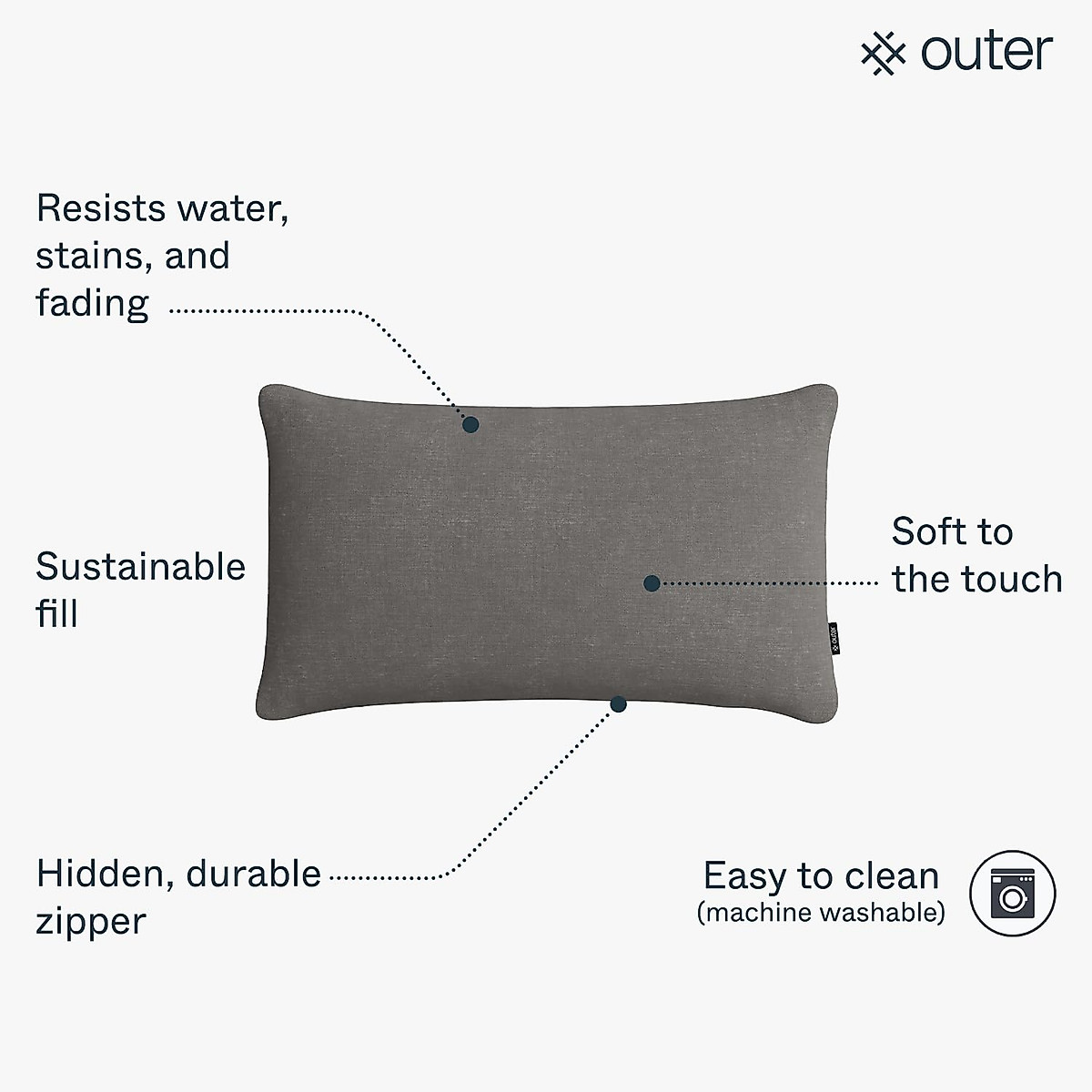 Outer Outdoor Throw Pillow with OuterWeave Performance Fabric, Decorative Outdoor Pillow for Patio & Outdoor Furniture, Includes Machine Washable Pillow Cover and Insert - Dark Pebble Gray, 12"x20"