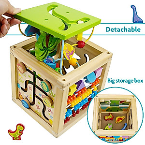 Fajiabao Baby Wooden Activity Cube - Toddler Activity Center Baby Toys 12-18 Months 1 2 3 Year Old Boy Girls Gifts with Bead Maze Sorter Abacus Montessori Dinosaur Toys Educational Learning for Kids