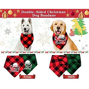 Buffalo Plaid Christmas Dog Bandanas, Double-Sided Use Triangle Bibs Kerchief,Dog Scarf with Merry Christmas Snowflakes for Small Medium Large Dogs Cats Pets,2 Pack