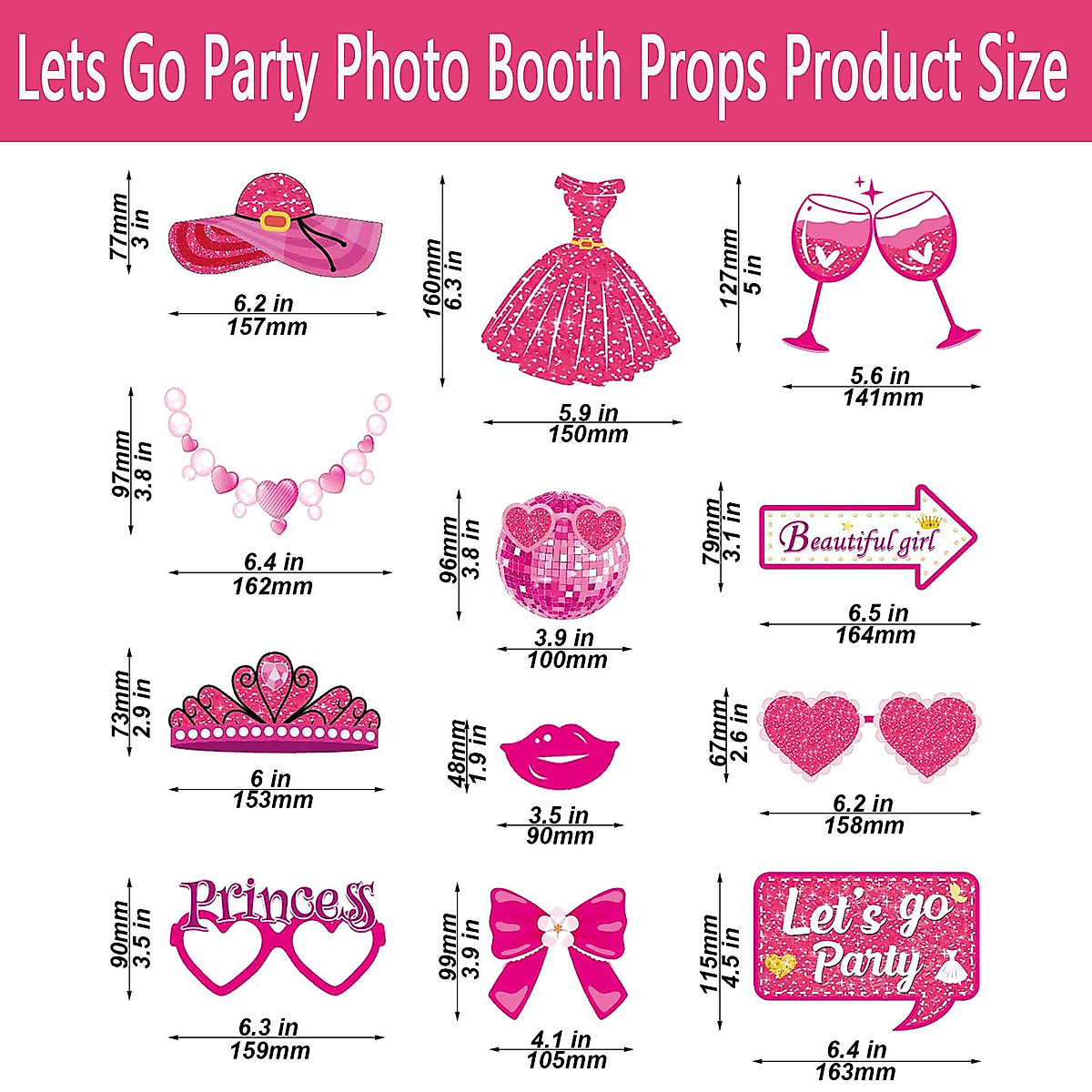 LMSHOWOWO 30PCS Funny Hot Pink Girls Princess Photo Booth Props, Let's Go Party Princess Doll Theme Photo Booth Frame for Girls Birthday Party Decorations Bachelorette Bridal Shower Party Supplies