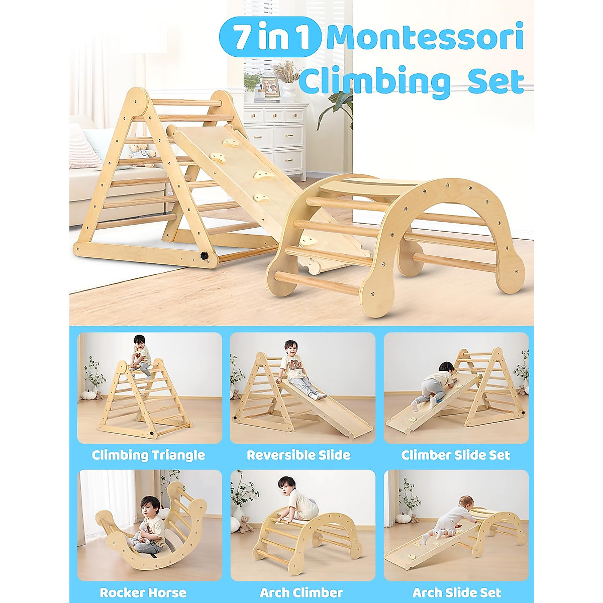 YOLEO Pikler Triangle Set, FSC-Comply 7 in 1 Large Pikler Triangle Climbing Set with Various Combinations, Wooden Montessori Climbing Toys for Toddlers 1-3 Inside, Toddler Playground Indoor Jungle Gym
