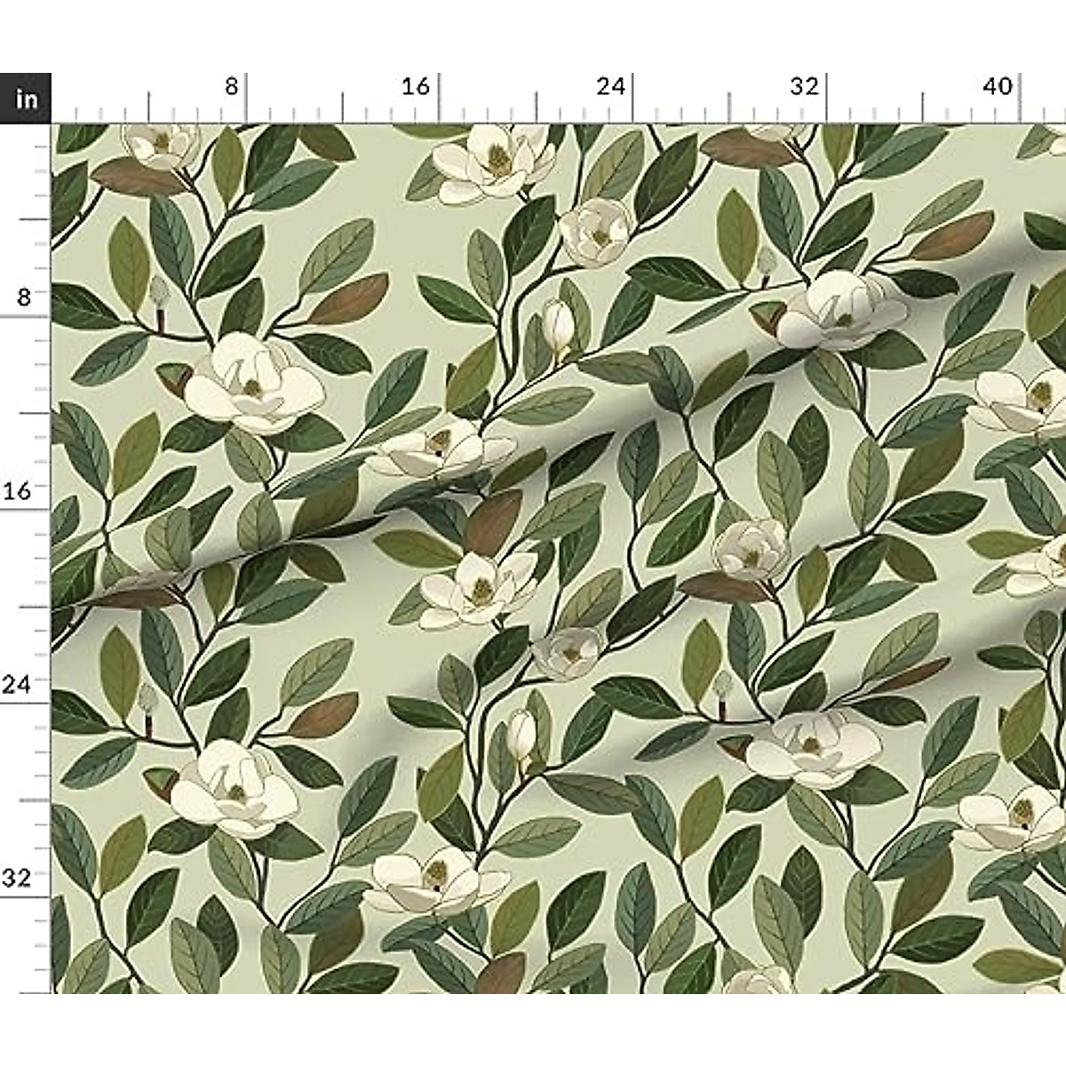 Spoonflower Fabric - Magnolia Blooms Green White Flowers Botanical Floral Printed on Petal Signature Cotton Fabric by The Yard - Sewing Quilting Apparel Crafts Decor