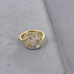 Vescence 18K Gold Plated CZ Open Ring Double Leaf Wrap Rings Adjustable | CZ Stacking Ring in Gold | Unique Statement Ring Cocktail Party Ring Hypoallergenic (VES-2021-R-2-L)