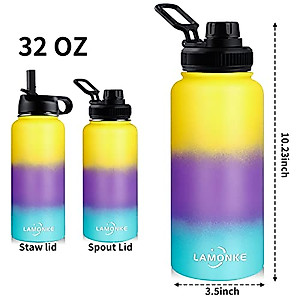LAMONKE 32oz Vacuum Insulated Stainless Steel Water Bottle with Straw Lids & Spout Lids & Wide Mouth, Double Wall BPA Free Sweat-Proof Thermos to Keep Beverages Perfectly Hot or Cold