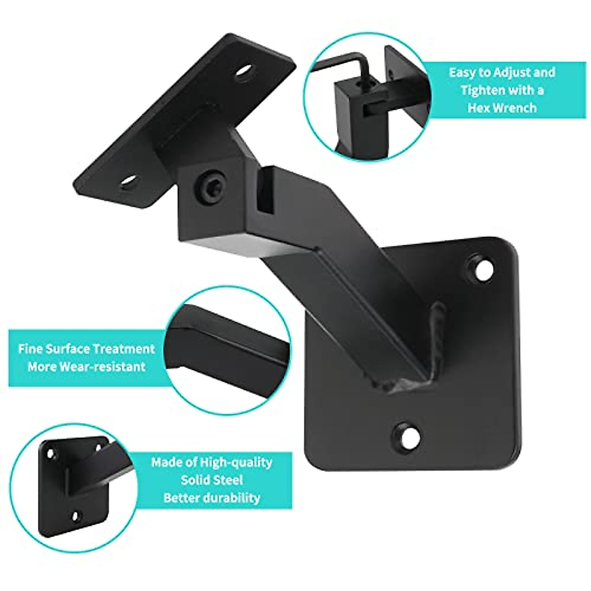 RealPlus Swivel Handrail Brackets Heavy Duty Steel Hand Rail Brackets for Staircase Stair Railing, Pack of 4 (Black)