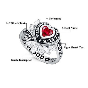 JNJ Women's Class Ring, personalized for high school and college graduates, Sterling Silver, Birthstone, Original design, Heart collection-Jour Nouveau Jewelry (Platinum)