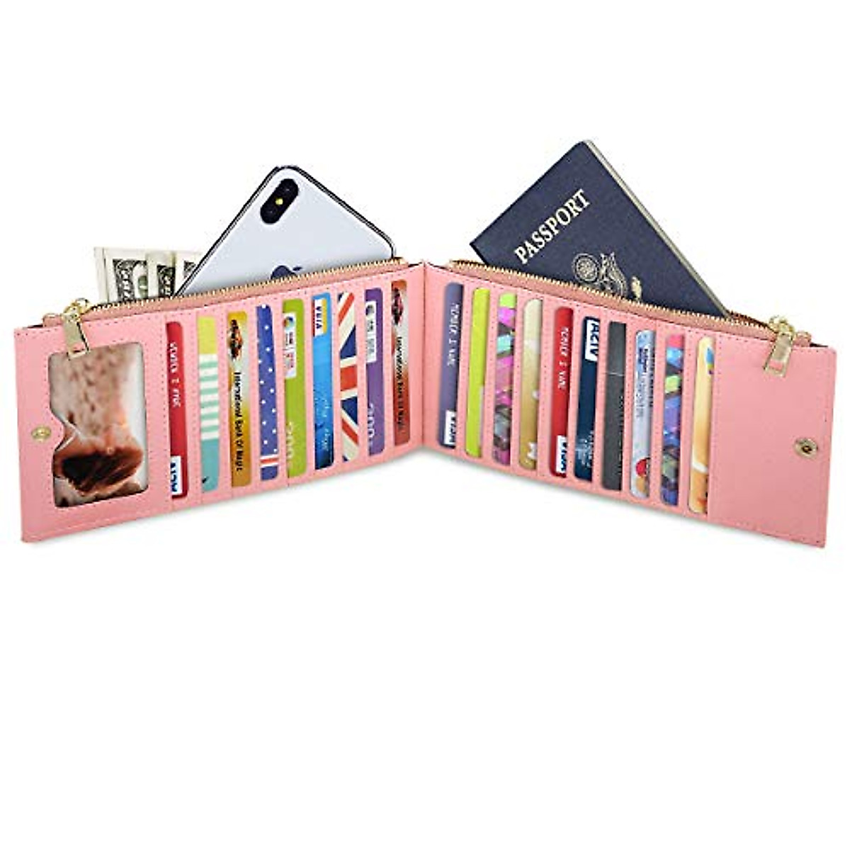 Womens RFID Blocking Pink Glitter Leather Multi Card Organizer Bifold Pink Wallet with Zipper Pocket,Rose Gold