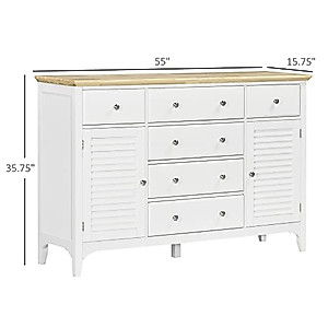 HOMCOM Modern Sideboard with Drawers, Buffet Cabinet with Storage Cabinets, Rubberwood Top and Adjustable Shelves for Living Room, Kitchen, TV Stand up to 60 Inches, White
