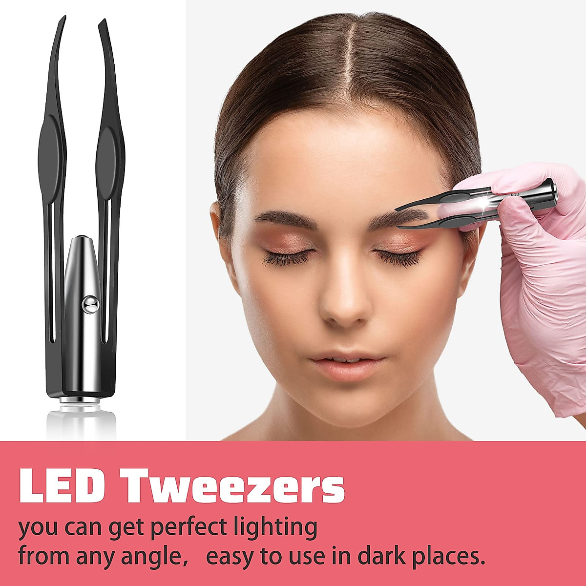 2 Pieces Tweezers with LED Light Hair Removal Lighted Tweezers Makeup Tweezers with Light Tools for Men Women Precision Eyebrow Eyelash Hair Removal Tweezers Stainless Steel Tweezers (Black, Red)