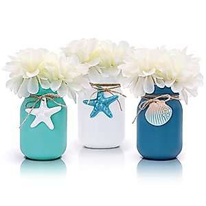 Beach Mason Jar Decor Coastal Table Centerpiece with White Flowers Floral Arrangement Blue Shell Starfishes Slices Summer Sea Farmhouse Tiered Tray Wedding Décor Vases Home Hostess Gift Idea Set of 3