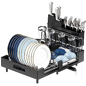 ROTTOGOON Expandable Dish Drying Rack, Stainless Steel Rustproof Dish Rack for Kitchen Counter, (12.8"-19.1") Dish Drainer with Drainage, Utensil Holder, Cup Holder for Various Kitchenware, Black