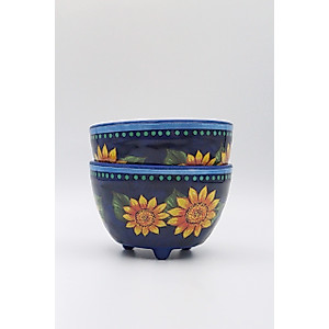 Chips and Salsa Chip Dip Bowl Set - Spanish 2 Piece Small Bowl Set Painted Blue Dishes with Sunflowers - Serving Bowls for Party and Fiestas (2)