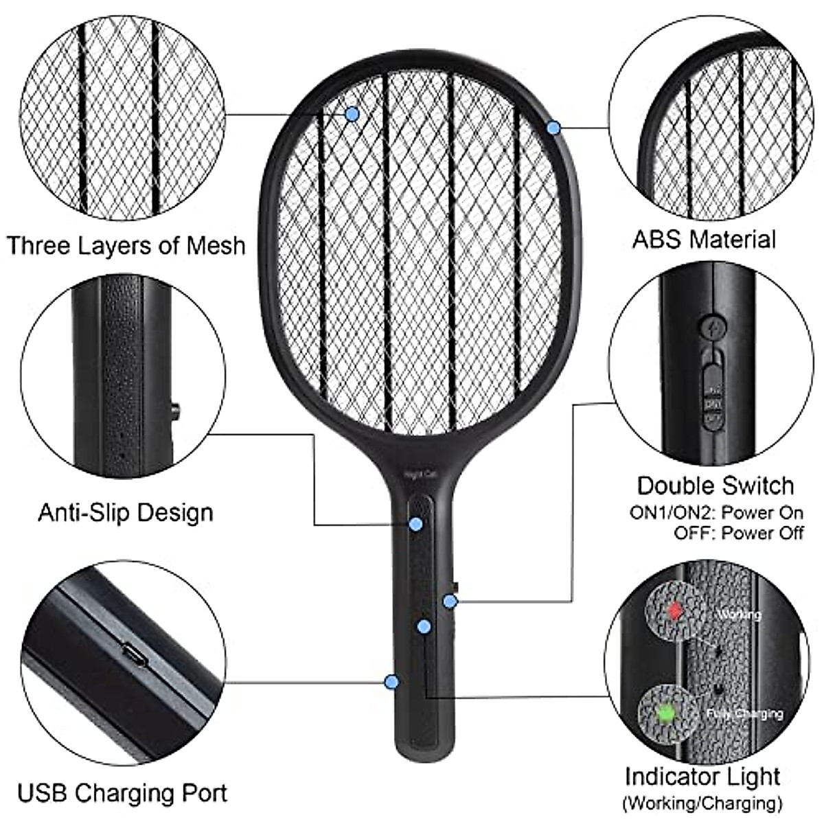Night Cat Electric Fly Swatter Racket Bug Zapper Indoor Mosquito Killer USB Rechargeable Lightweight Double Layers Protection