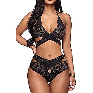 Donnalla Women Sexy Lingerie Set Two Piece Lace Bra and Panty Set Babydoll Sleepwear, Black, Large