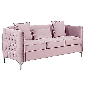Lilola Home Bayberry Pink Velvet Sofa with 3 Pillows