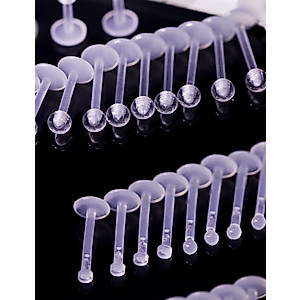 Lcolyoli 63PCS 16G Mix Length Clear Push Top Piercing Retainers Flat & Ball Top Bioflex Lip Rings Labret Medusa Retainer for Women Men 6-10mm Bar Length