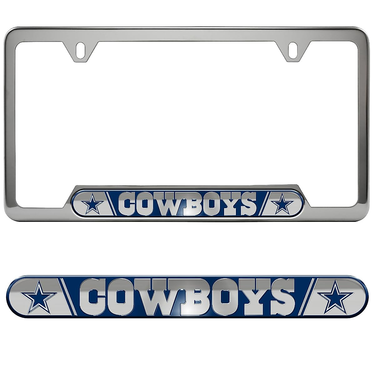 FANMATS 61950 Dallas Cowboys Embossed License Plate Frame, Stainless Steel Frame with Stamped Aluminum Team Logo Inserts, 6.25in x 12.25in