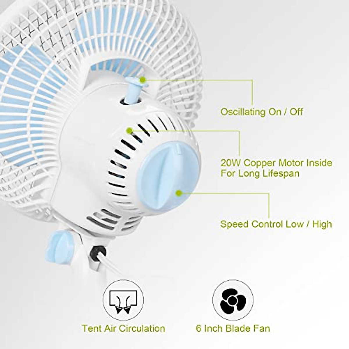 blessny 6 Inch Oscillating Grow Tent Clip on Fan for Pole Mount 0.6-1 inch, 8 Ft Long cord Small growing Monkey Fan Oscillation for Hydroponic, 20W 2-Speed Super quiet with Heavy duty Clamp