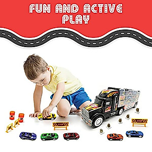 Toy Truck Transport Car Carrier Toy for Boys and Girls Age 3-10 yrs Old - Hauler Truck Includes 6 Toy Cars and Accessories - Car Truck Fits 28 Car Slots - Ideal Gift for Kids