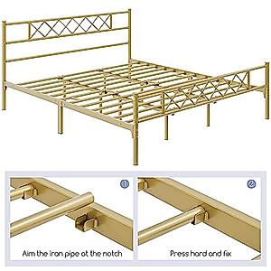 Yaheetech Metal Platform King Bed Frame Mattress Foundation with Headboard and Footboard No Box Spring Needed Under Bed Storage Steel Slats Antique Gold