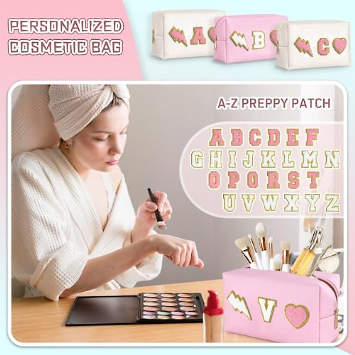 TOPEAST Initial Cosmetic Bag for women, Preppy Makeup Bag Chenille Letter Pouch, Monogrammed Birthday Gifts for Girls, Teen Girl Gifts Trendy Stuff, Pink S