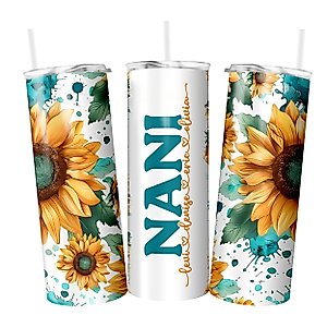 Personalized Nani Tumbler, 20 oz Stainless Steel Sunflower Cup with Lid & Straw, Custom Grandma Gift with Grandkids’ Names, Floral Grandmother Coffee Mug for Birthday, Mother’s Day or Christmas