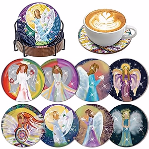 8 Pcs Watercolor Angel Diamond Art Coasters Kits with Holder DIY Angel Diamond Art Coaster with Cork Bases for Adults Diamond Pinting Kits Supplies for Christmas Holiday Present