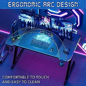 Kemon Gaming Desk with LED Lights, Z Shaped PC Gaming Table Computer Desk Ergonomic Home Office Desks, Carbon Fibre Surface Gamer Workstation with Mouse Pad, Cup Holder and Headphone Hook (63 inch)