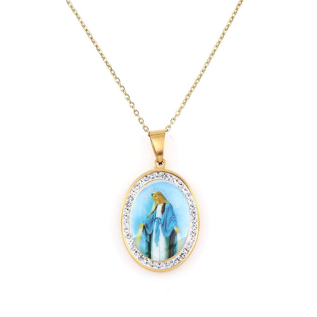 YWLI Miraculous Medal, Virgin Mary Necklace, Religious Gifts for Women, Golden Stainless Steel Necklace Inlaid Zircon Pendant, Fashion Religious Jewelry, Gifts for Women