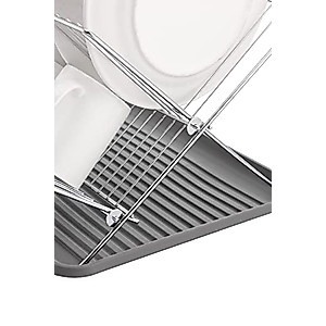 J&V TEXTILES Foldable Dish Drying Rack with Drainboard, Stainless Steel 2 Tier Dish Drainer Rack, Collapsible Dish Drainer, Folding Dish Rack for Kitchen Sink, Countertop, Cutlery, Plates (Gray)