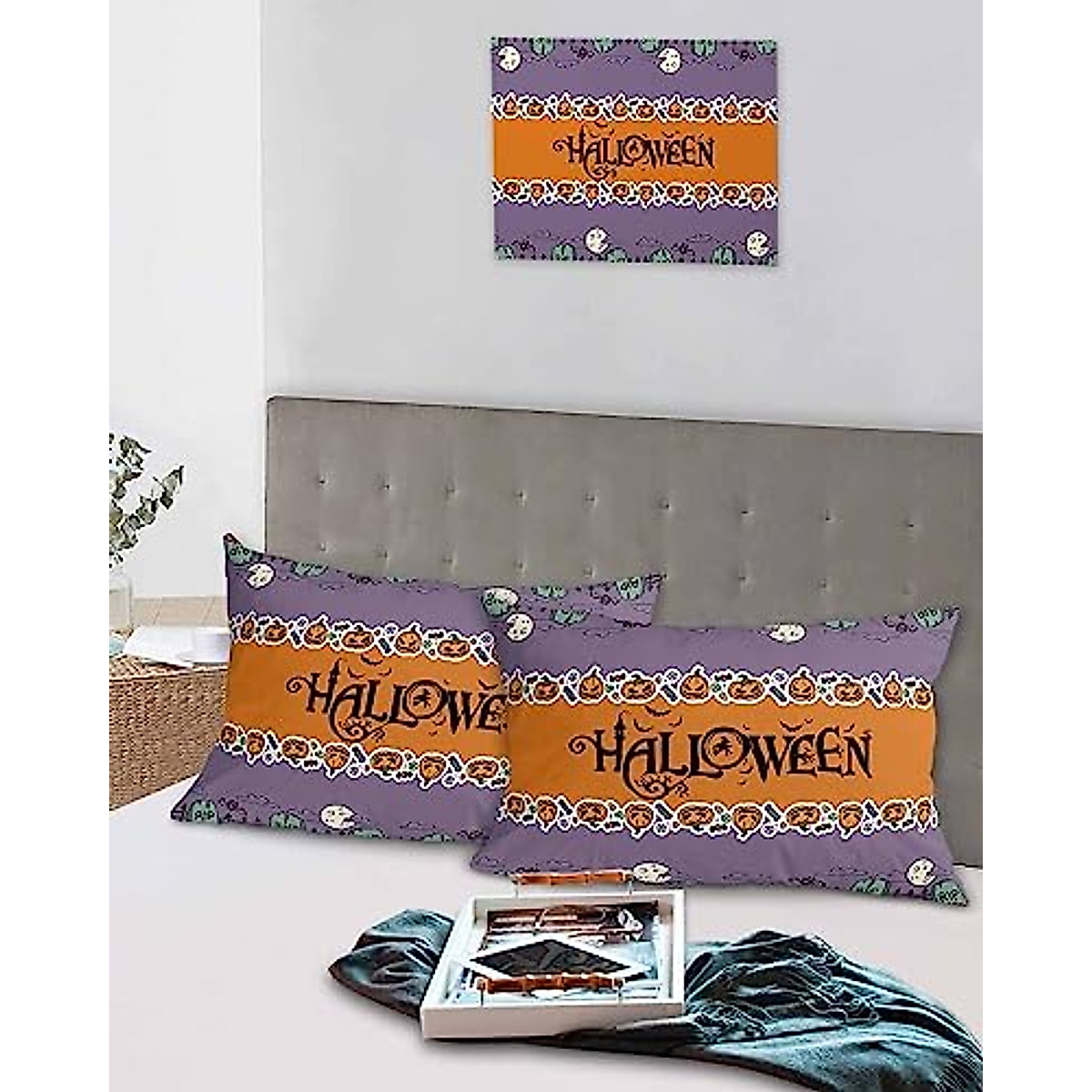 Edwiinsa Halloween Pillow Covers Standard Size Set of 2 Bed Pillow, Fall Pumpkin Black Bats Tombstone Purple Plush Soft Comfort for Hair/Skin Cooling Pillowcases with Envelop Closure 20''x26''