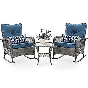 UDPATIO 3 Piece Patio Set Rocking, Rattan Outdoor Rocking Patio Bistro Set with 2 Rockers and 1 Side Table with 4‘’ Thick Cushions for Backyard, Porch, Balcony, Poolside(Blue)