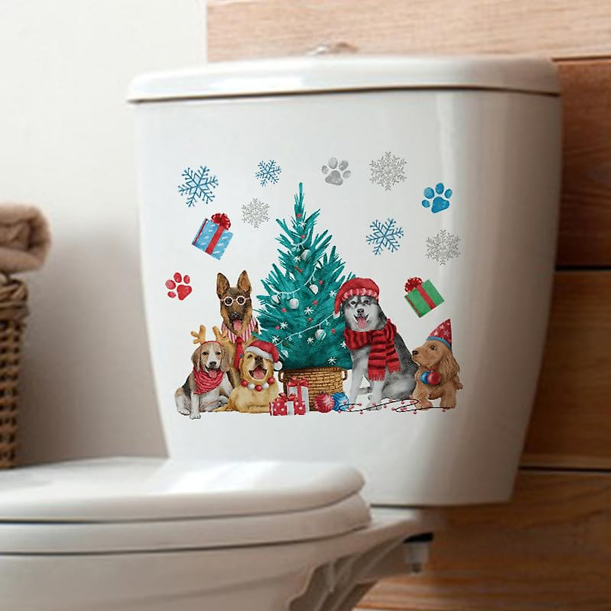 Christmas Toilet Stickers Christmas Wall Decal, Dogs Pattern Bathroom Toilet Seat Christmas Decoration, Xmas Toilet Seat Cover Tank Lid Decals Bathroom Decorations