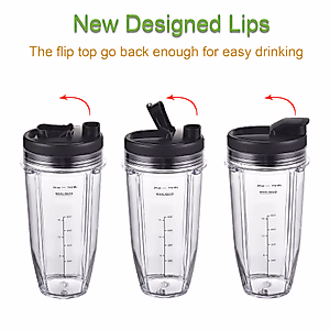 [Upgraded] Replacement 24oz Nutri Ninja Blender Cup with Sip & Seal Lid For BL450 BL454 BL456 BL480 BL482 BL640 BL642 BL682 BN751 BN801 Foodi SS101 SS351 SS401 Ninja Blender Auto IQ Blade, 2 Pack