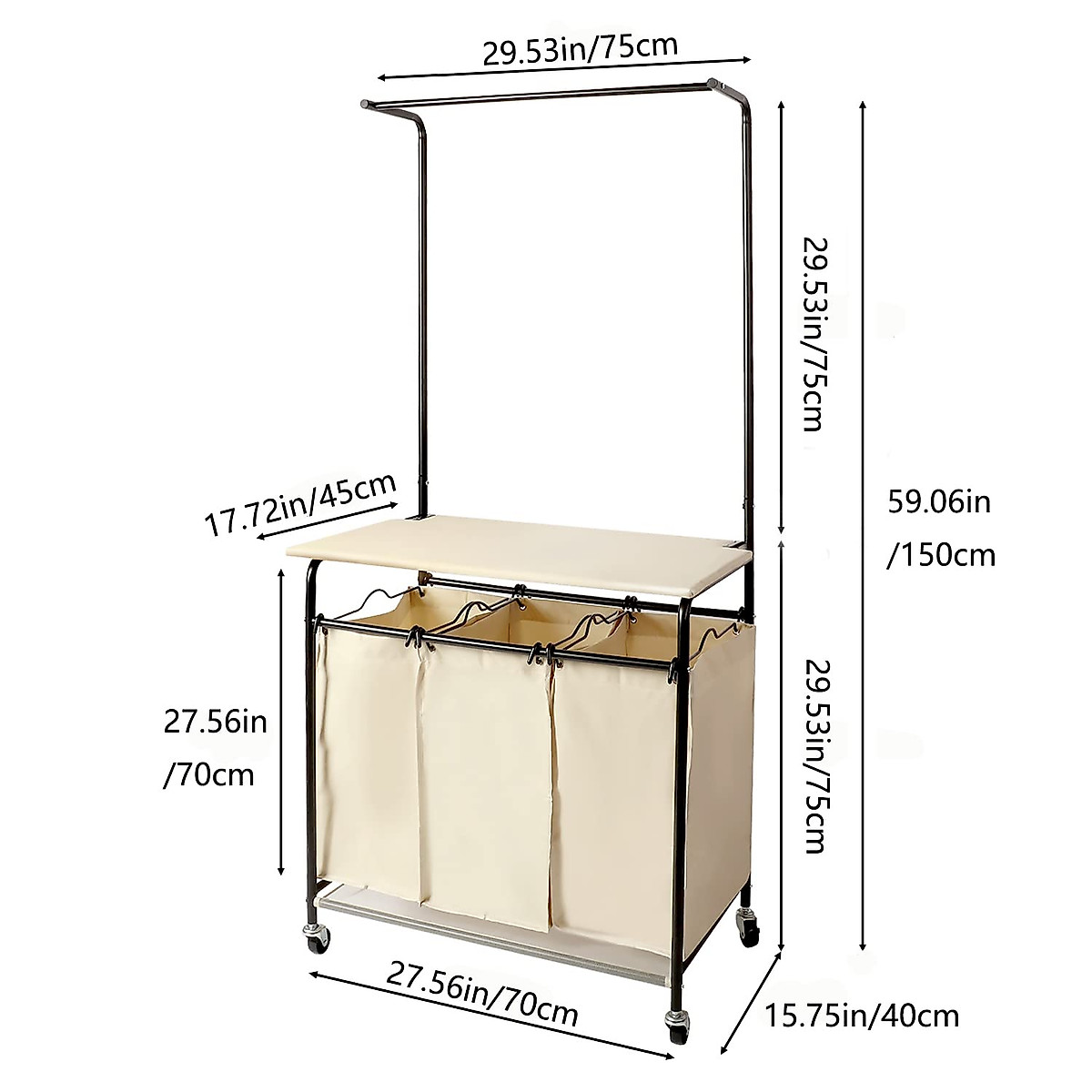 tonchean Laundry Hamper, 3 Section with Ironing Board, Removable Hanging Bar & Bags, Rolling Laundry Cart, 59"H x 29"L x 17"W, Yellow