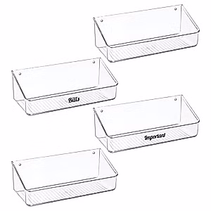 mDesign Wall Mount Storage Organizer Tray Bin - Modern Plastic Wide Hanging Shelf Basket for Walls/Doors in Office - 4 Pack + 32 Adhesive Labels - Clear