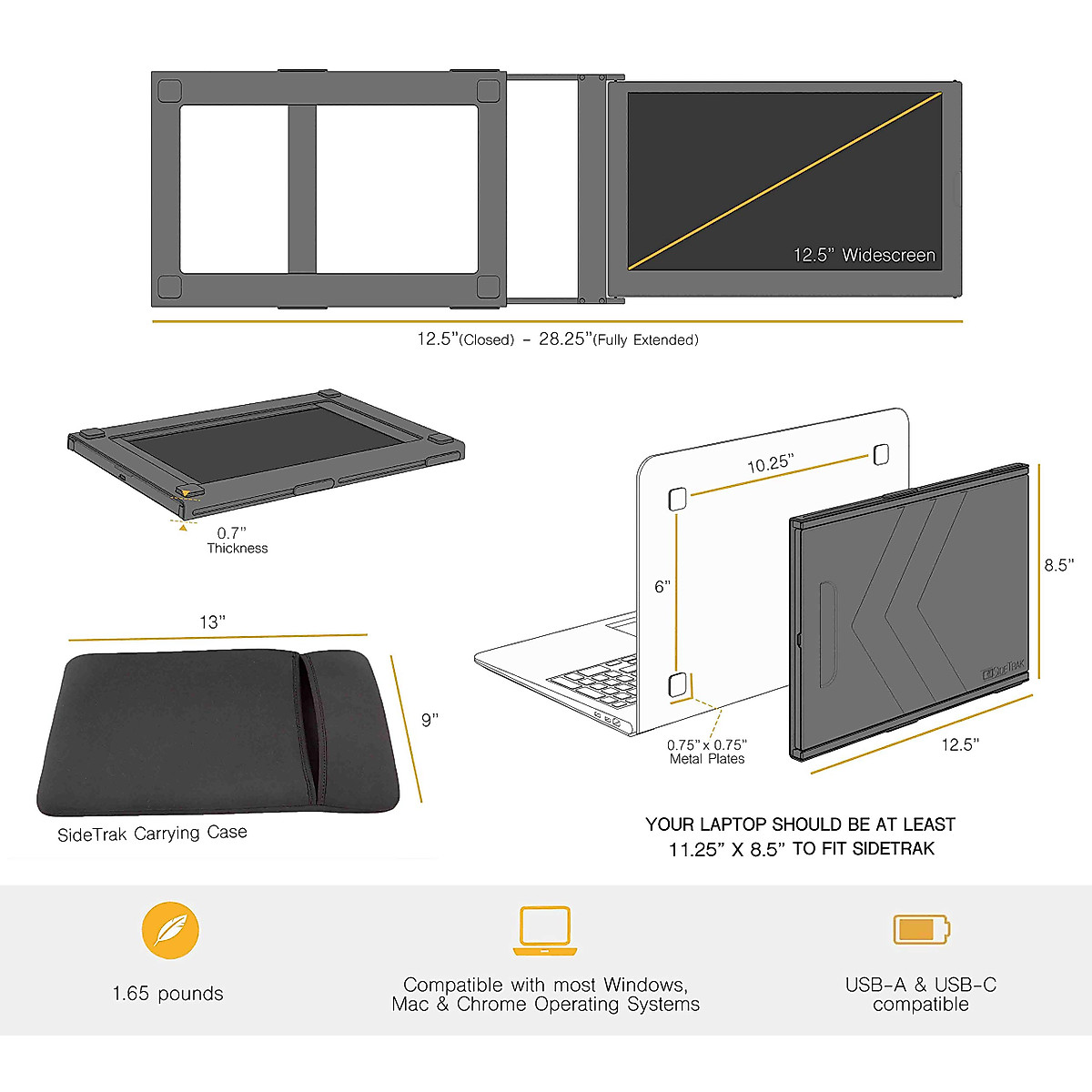 SideTrak Slide Portable Monitor 12.5" Screen with Carrying Case - Attaches to Your Laptop for Easy Travel - Efficient USB Power - Fits Mac and PC 13"-17" Laptops - Full HD IPS Display (Patent Pending)