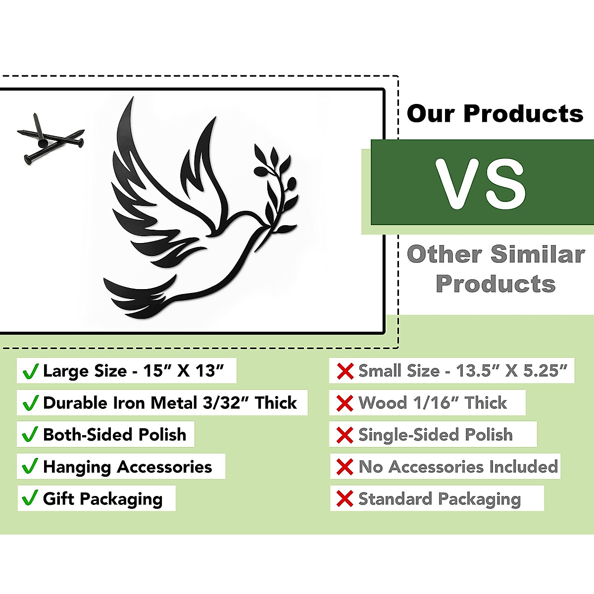 Vivegate Dove of Peace Olive Branch Metal Wall Art – Olive Branches Peace Black Outline White Dove Metal Wall Decor (Large - 15"X13", Dove)