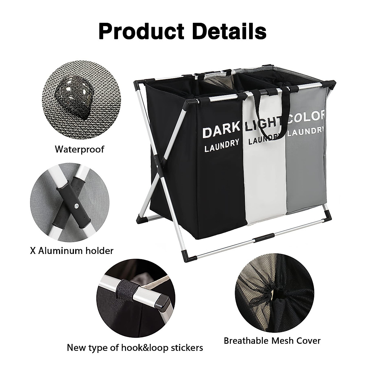 Laundry Basket Hamper 3 Section Dirty Clothes Hamper with Mesh Cover Foldable Aluminum Frame Laundry Sorter Organizer for Bathroom Bedroom Nursery (White+Grey+Black）
