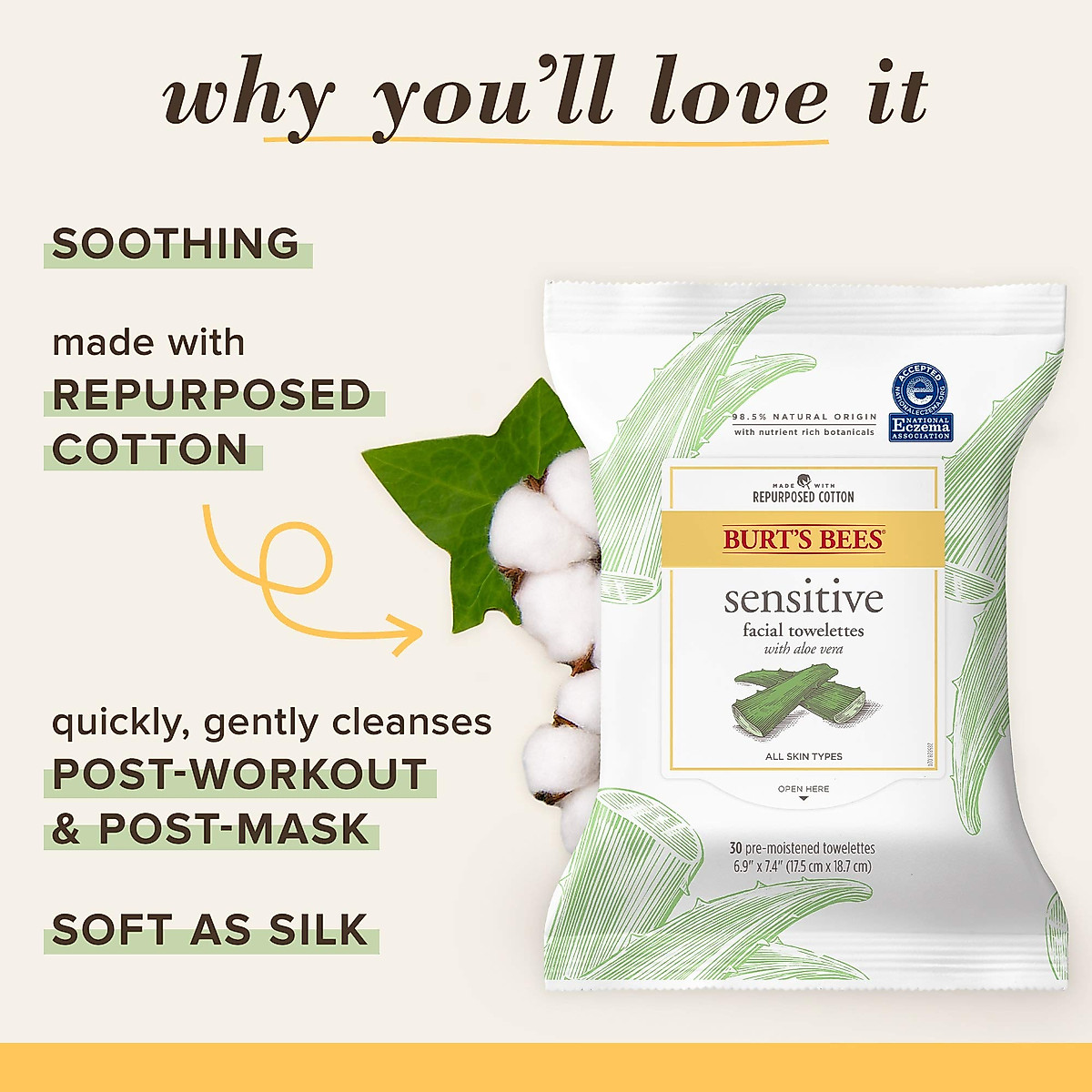 Burt's Bees Facial Cleansing Towelette Wipes for Sensitive Skin with Cotton Extract, 30 Count (Package May Vary)