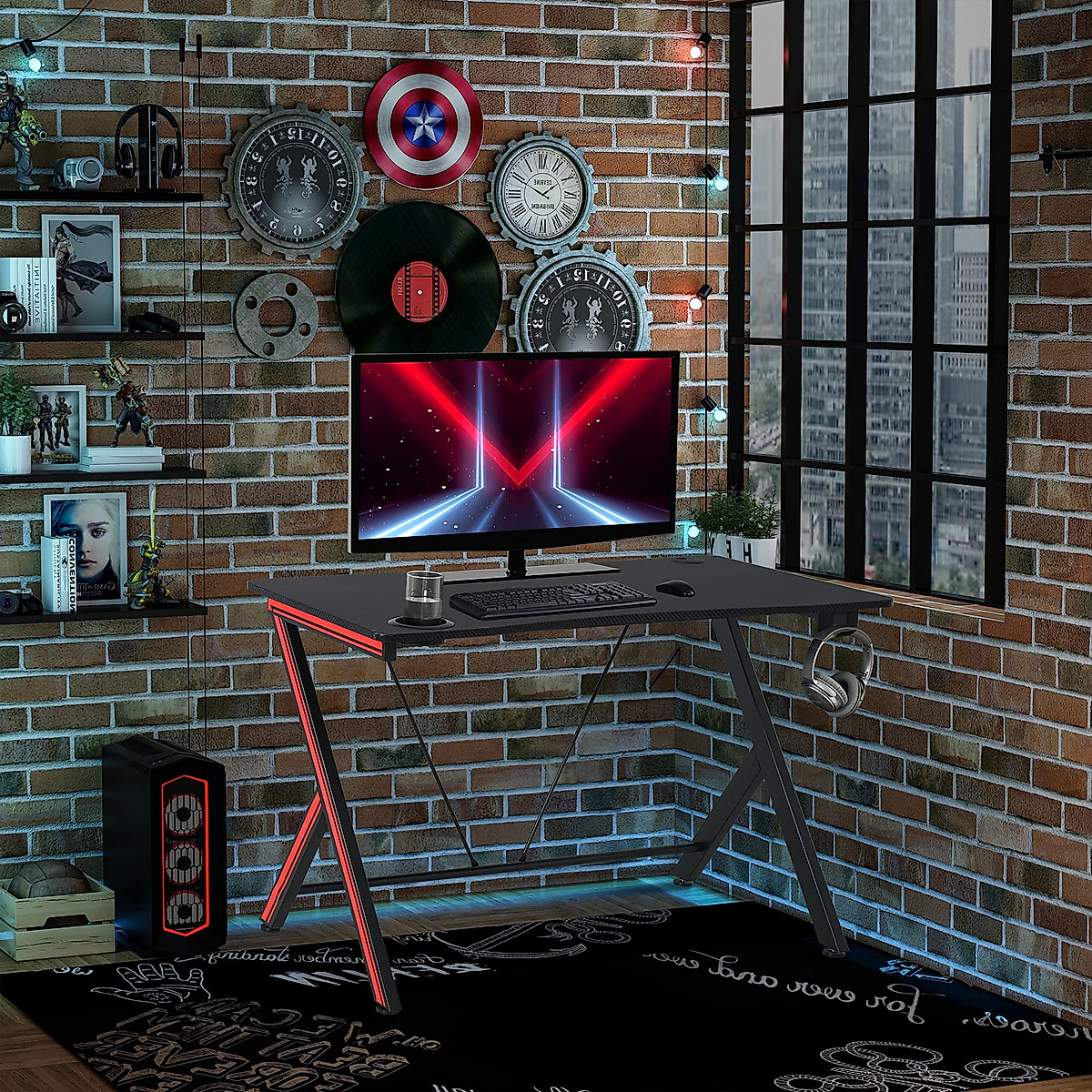 HOMCOM 47 inch Gaming Computer Desk, Home Office Gamer Table Workstation with Cup Holder, Headphone Hook, Cable Management, Carbon Fiber Surface