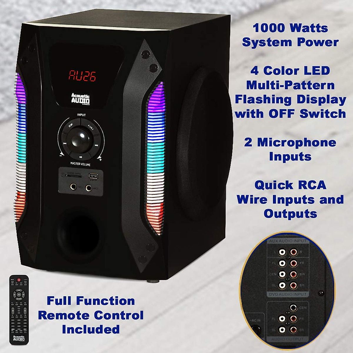 Acoustic Audio AAT1002 Bluetooth Tower 5.1 Home Speaker System with Powered Sub and 2 Extension Cables