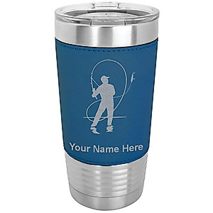 LaserGram 20oz Vacuum Insulated Tumbler Mug, Fly Fisherman, Personalized Engraving Included (Faux Leather, Blue)