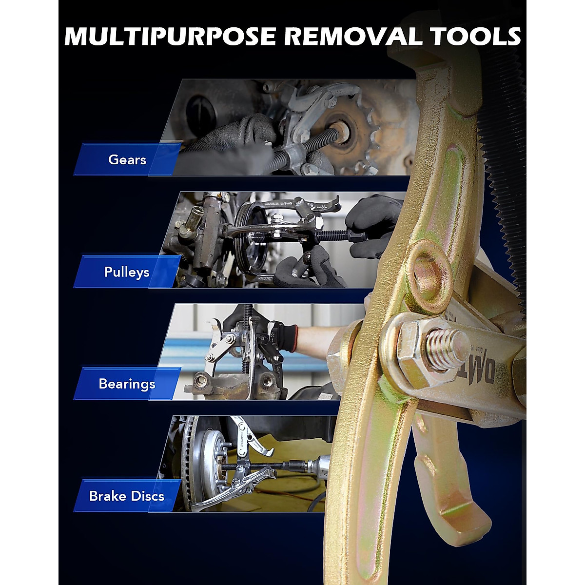 Orion Motor Tech Gear Puller Set, 3" 4" 6" 8" 3 Jaw Puller Kit for Pulley Gear Bearing Flywheel Removal, Heavy Duty Pulley Puller with Reversible Jaws 4 pcs Bearing Puller Tool Kit